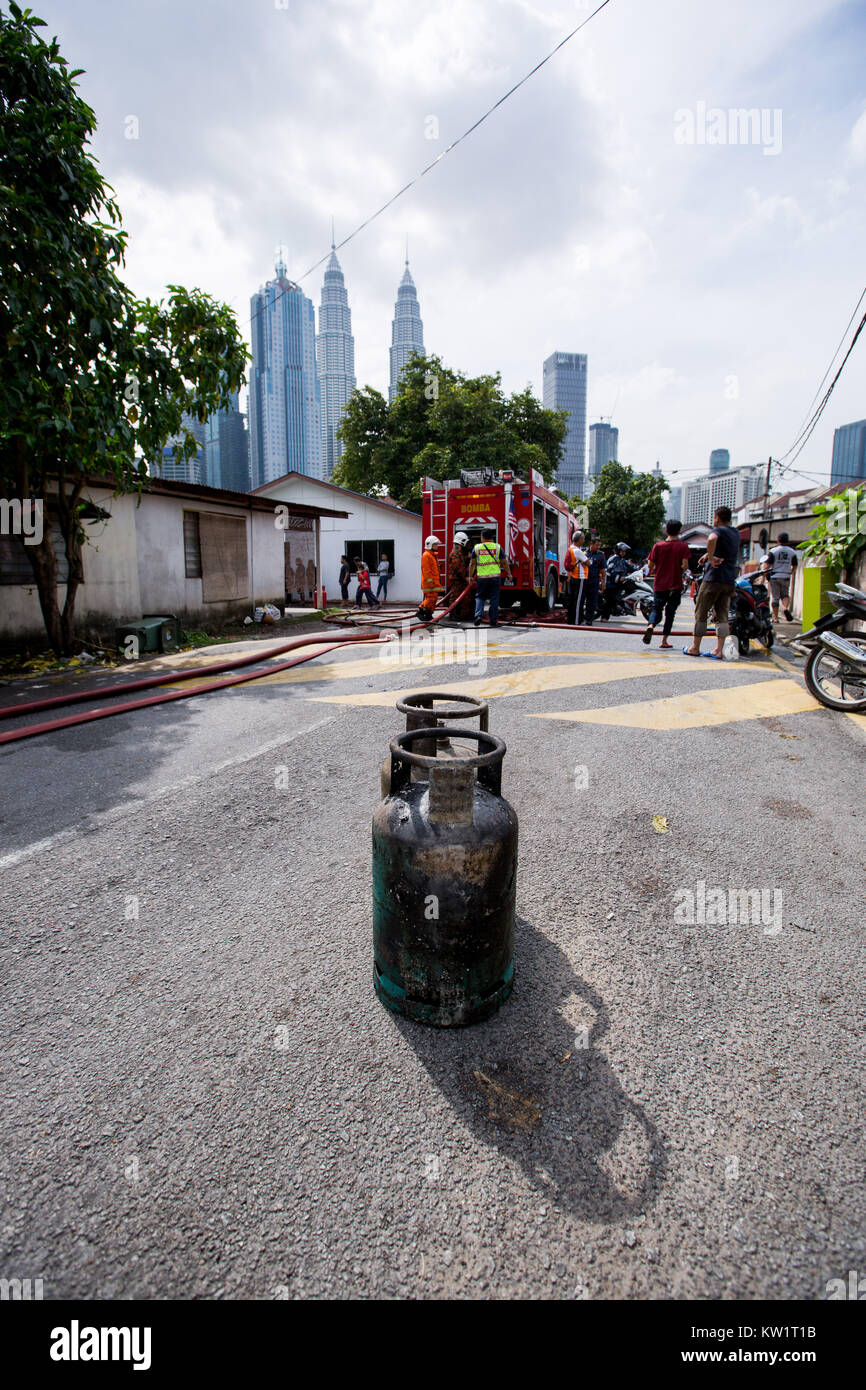 Kuala Lumpur, Malaysia. 29th Dec, 2017. Saved gas cylinders are seen ...
