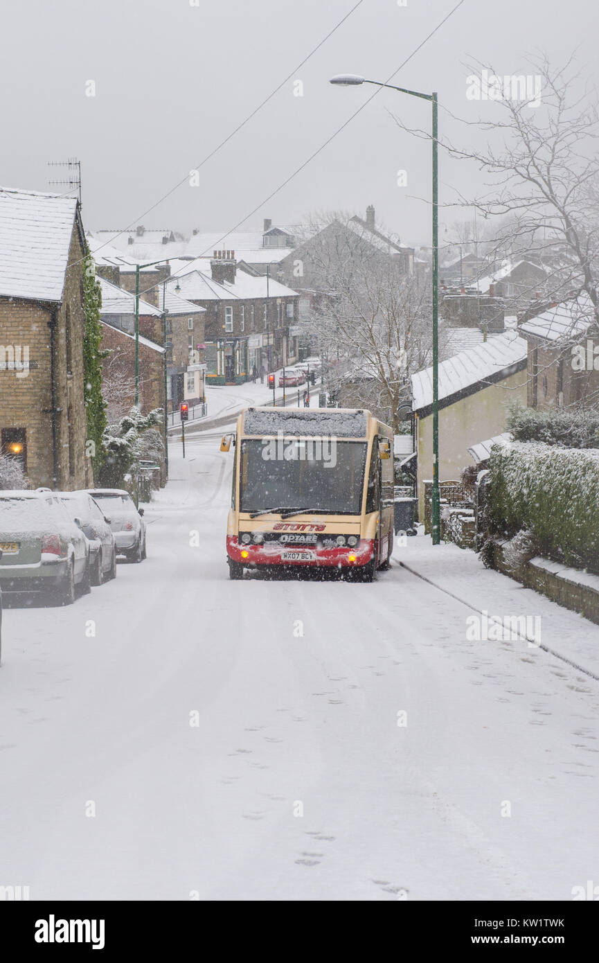 Manchester, UK. 29th Dec, 2017. A bus is stranded after snowfall on ...