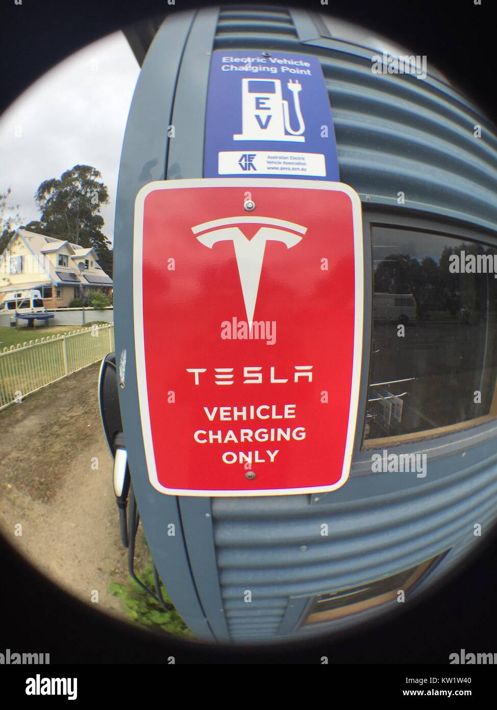 Sign for Tesla charging station, seen in Adventure Bay on Bruny Island ...