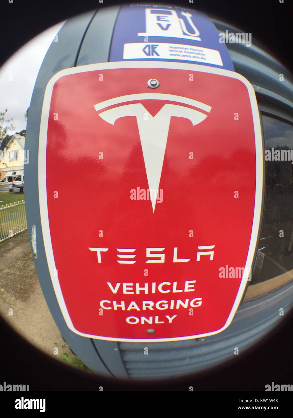 Sign for Tesla charging station, seen in Adventure Bay on Bruny Island ...