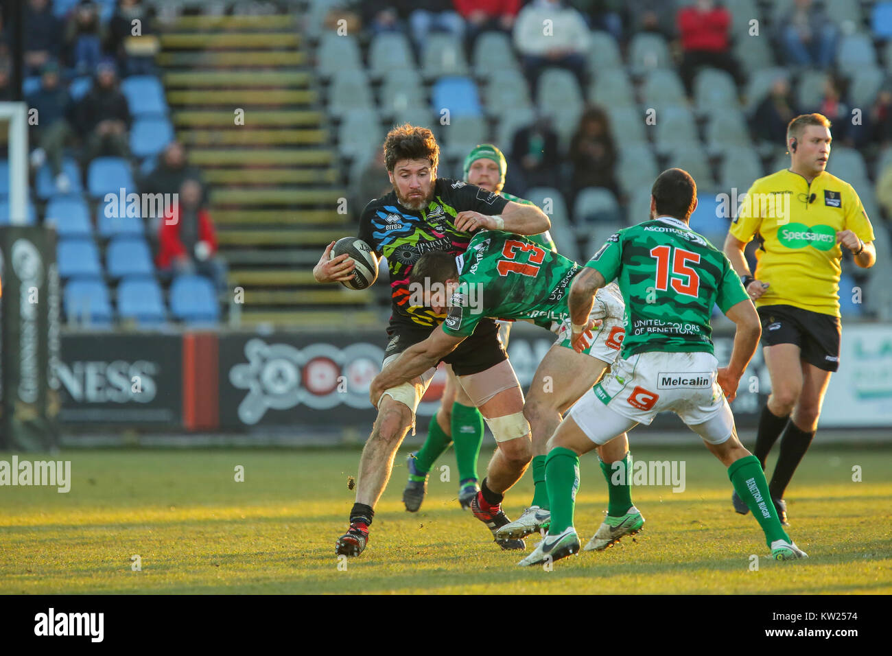 Parma, Italy. 30th December 2017. Zebre's lock George Biagi keeps the ...