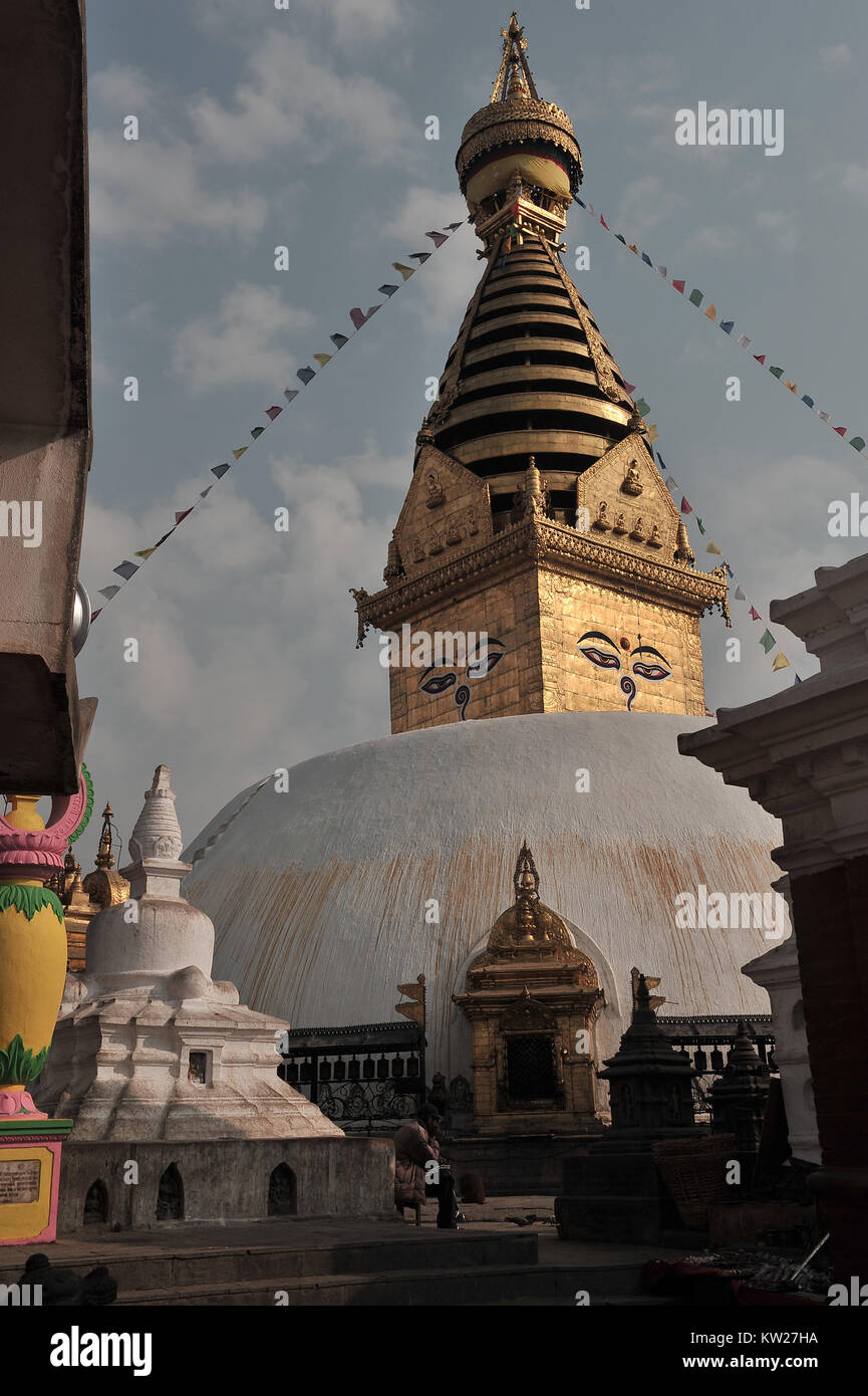 Ancient Tibetan stupa of Swayambudnath, the white dome and the golden ...