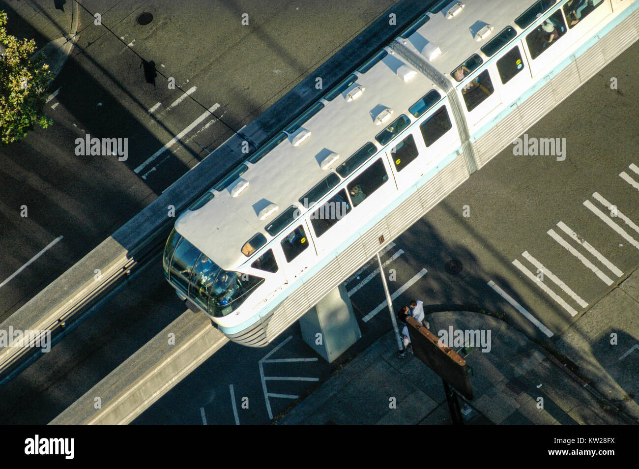 Aerial view of the Seattle monorail running through the city in ...