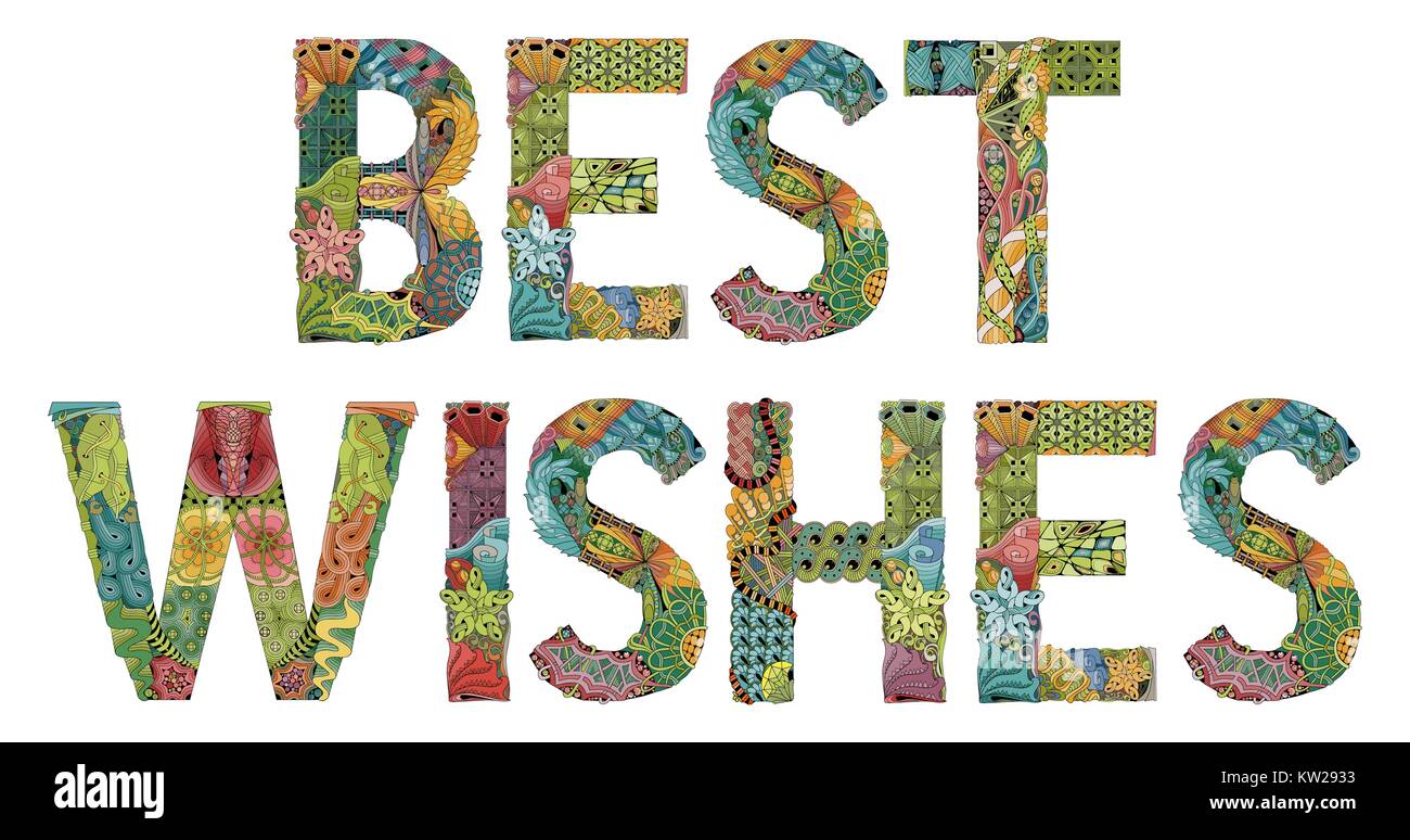 Hand-painted art design. Hand drawn illustration word BEST WISHES for t ...