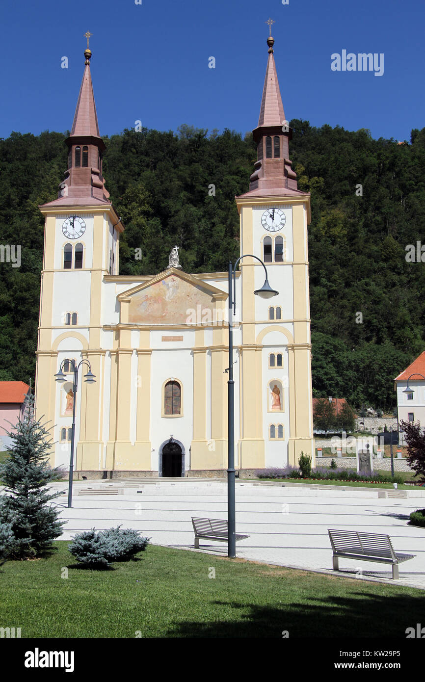 Church with two towers on the square in Pregrada, Croatia Stock Photo ...