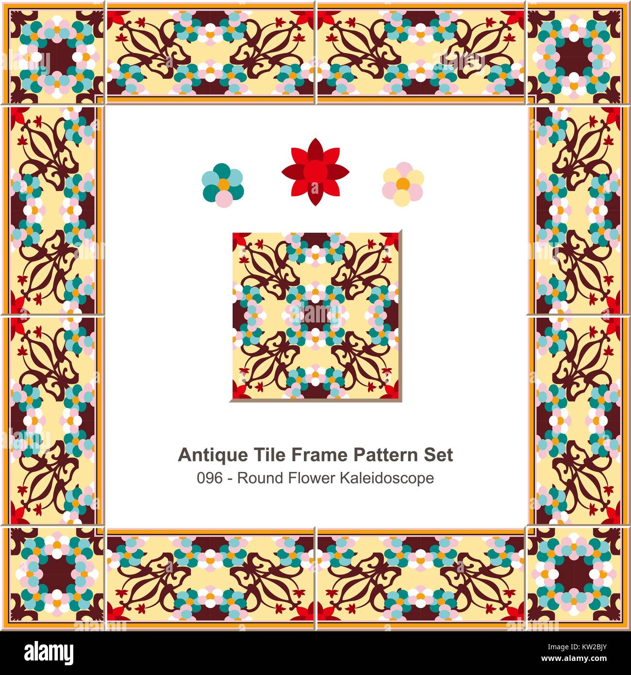 Antique tile frame pattern set Colorful Round Cross Spiral Vine Flower ...