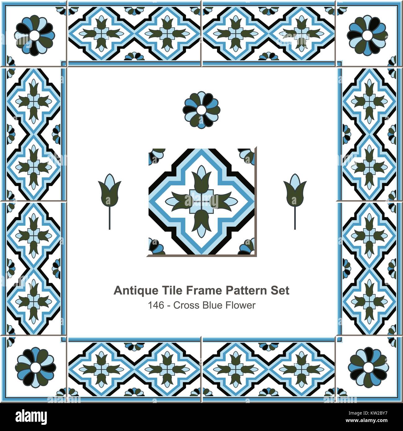 Antique tile frame pattern set Cross Blue Flower Stock Vector Image ...
