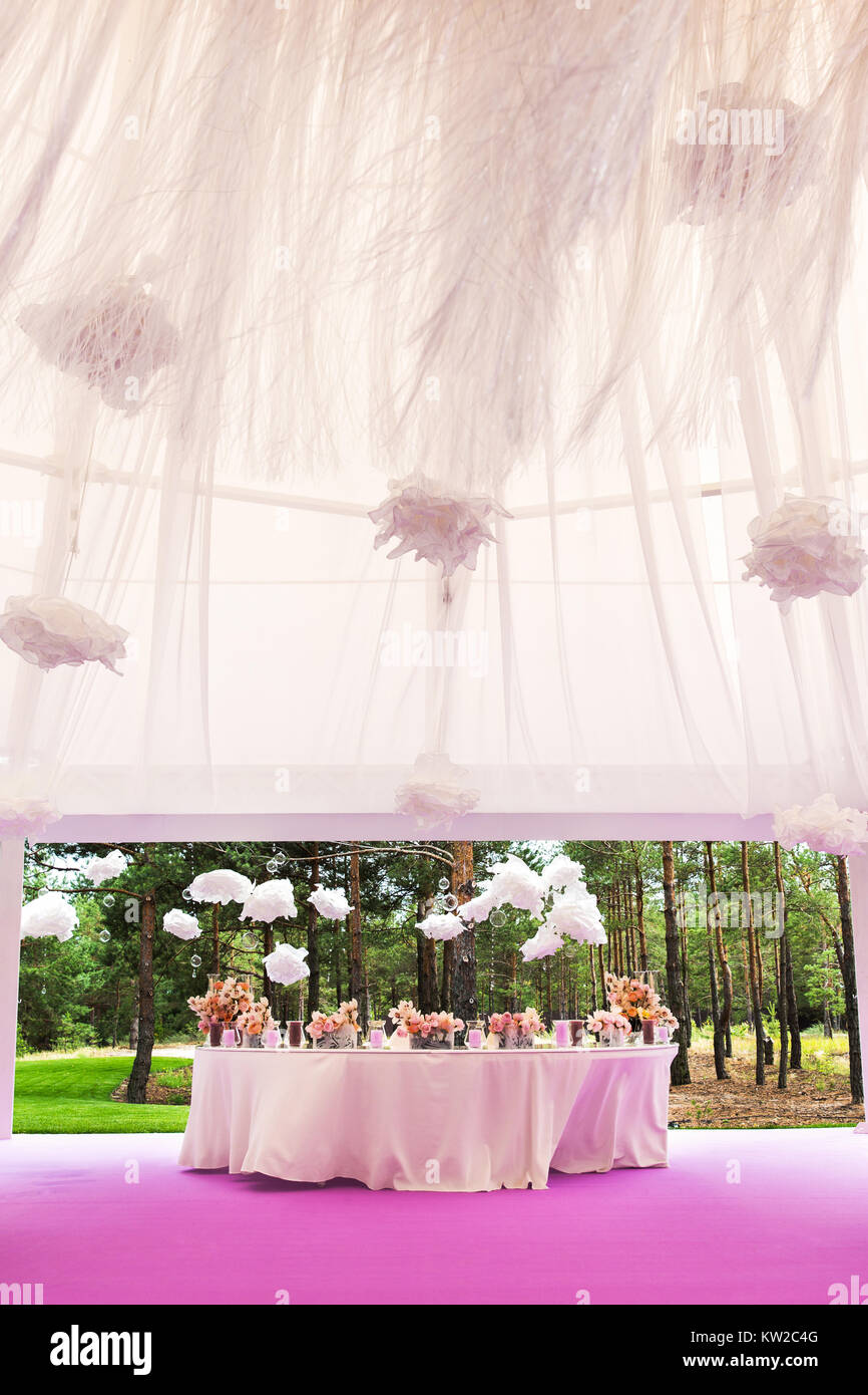 Banquet hall for a wedding with a white dome. Tables sets for wedding ...