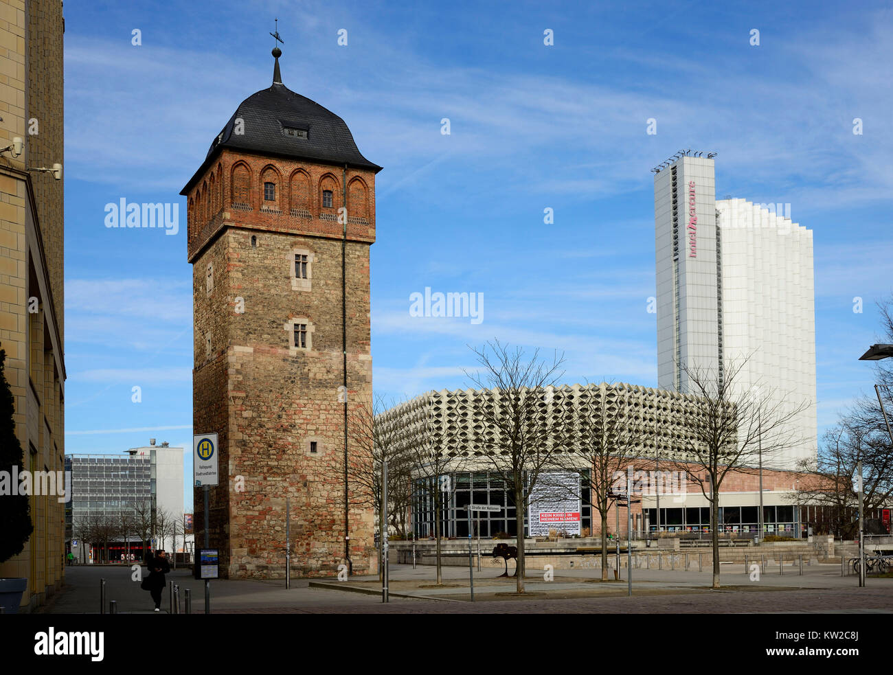 Chemnitz, historical red tower, town hall and hotel of Mercure ...