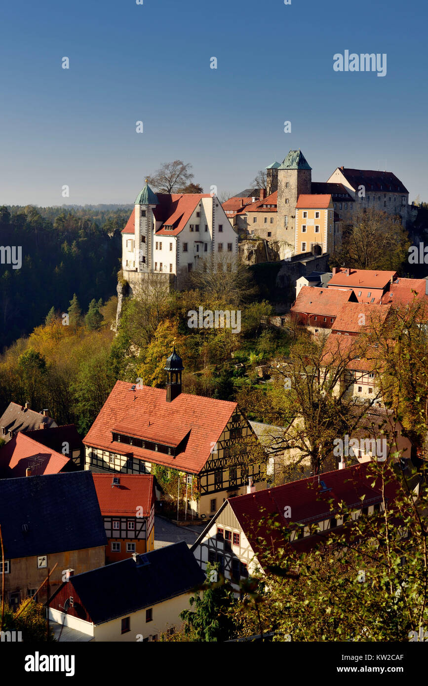 Elbsandstein, town and castle travesty stone, Stadt und Burg Hohnstein ...