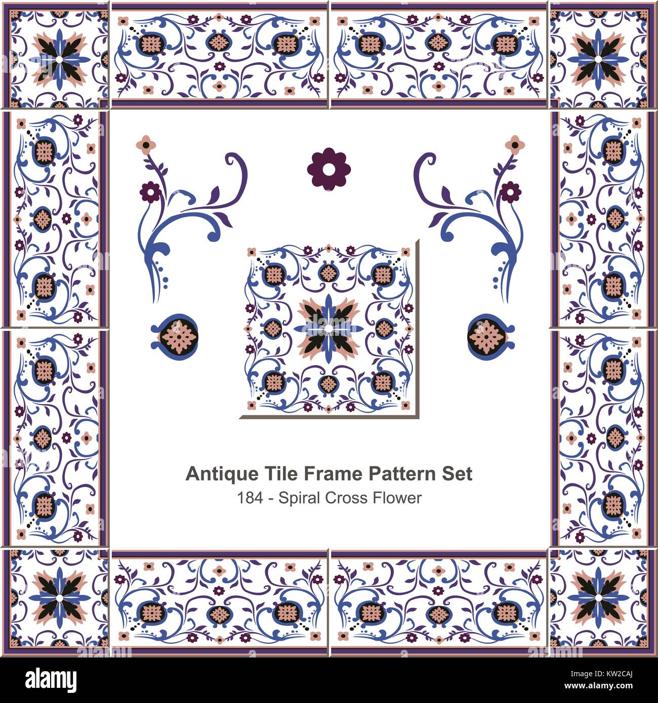 Antique tile frame pattern set Botanic Spiral Cross Flower Vine Stock ...