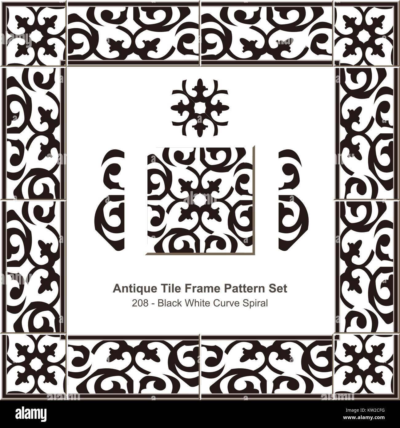 Antique tile frame pattern set Black White Curve Spiral Stock Vector ...