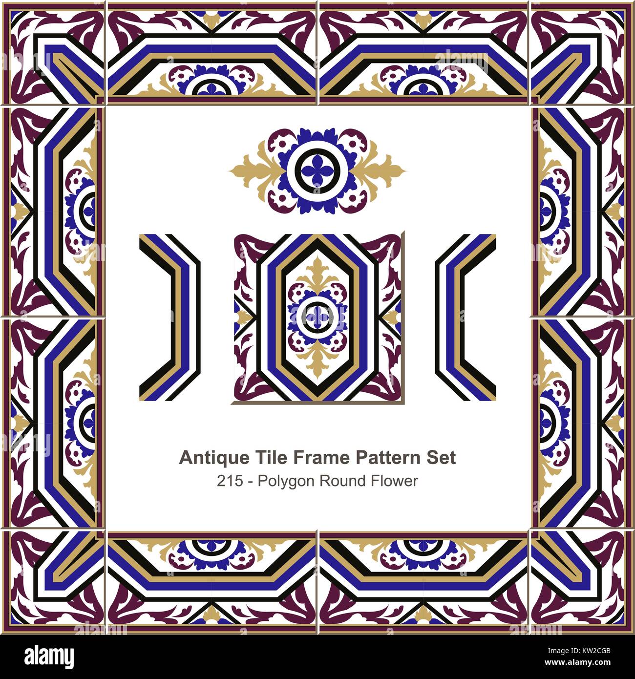 Antique tile frame pattern set Polygon Round Flower Stock Vector Image ...