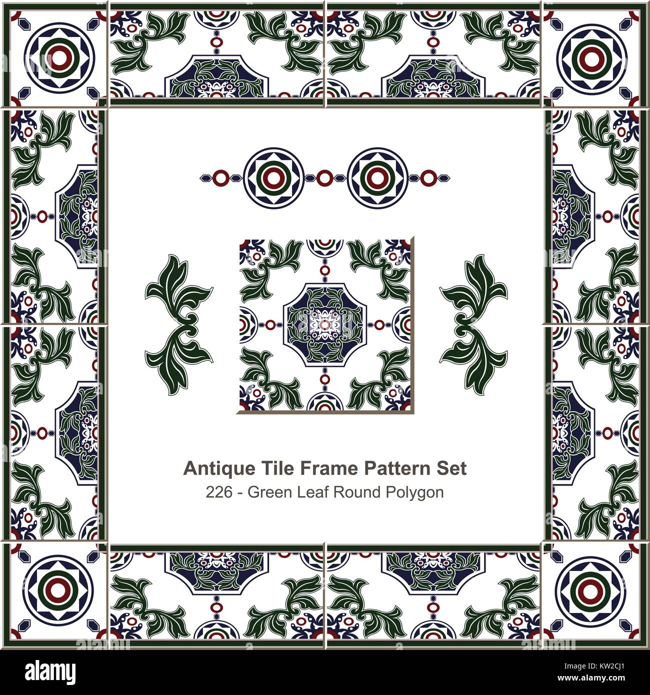 Antique tile frame pattern set Green Leaf Round Polygon Stock Vector ...
