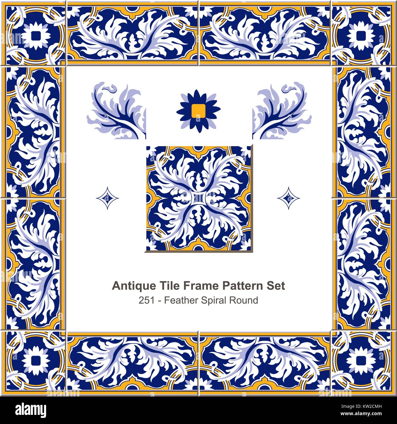 Antique tile frame pattern set Feather Spiral Round Stock Vector Image ...