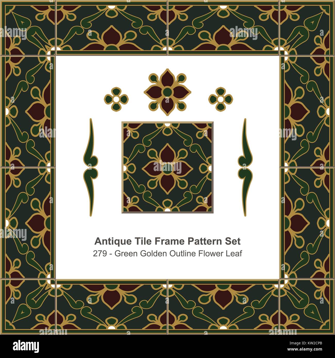 Antique tile frame pattern set Royal Green Golden Outline Flower Leaf ...