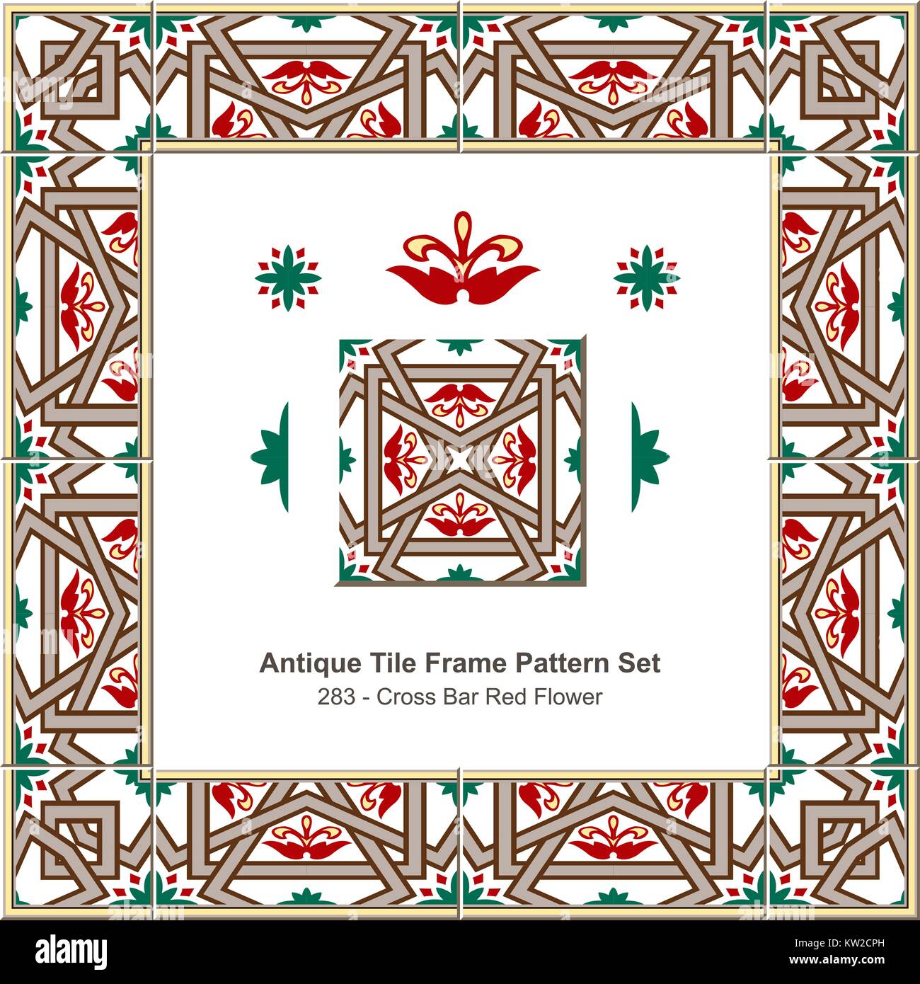 Antique tile frame pattern set Botanic Garden Cross Bar Red Flower ...