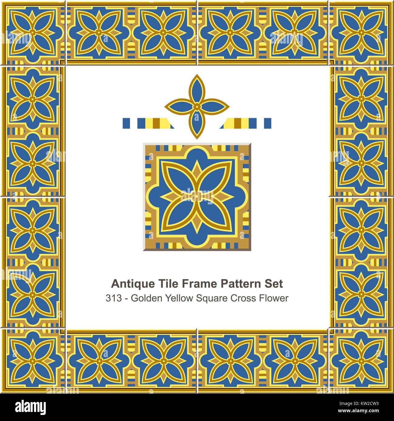 Antique tile frame pattern set Golden Yellow Square Cross Flower Stock ...