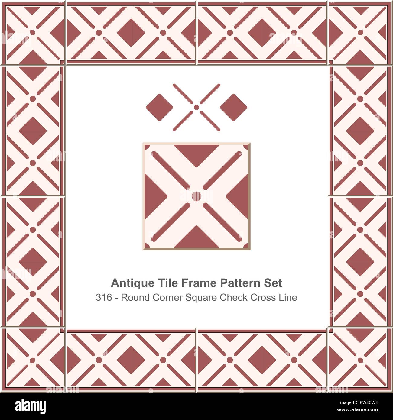 Antique tile frame pattern set Red Round Corner Square Check Cross Line ...