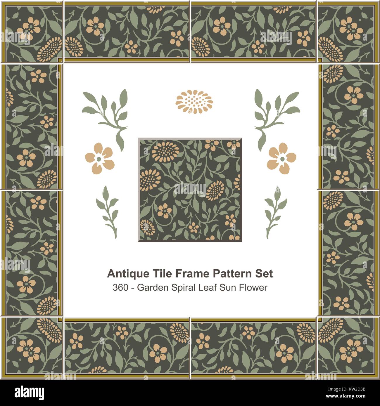 Antique tile frame pattern set Garden Spiral Leaf Sun Flower Stock ...