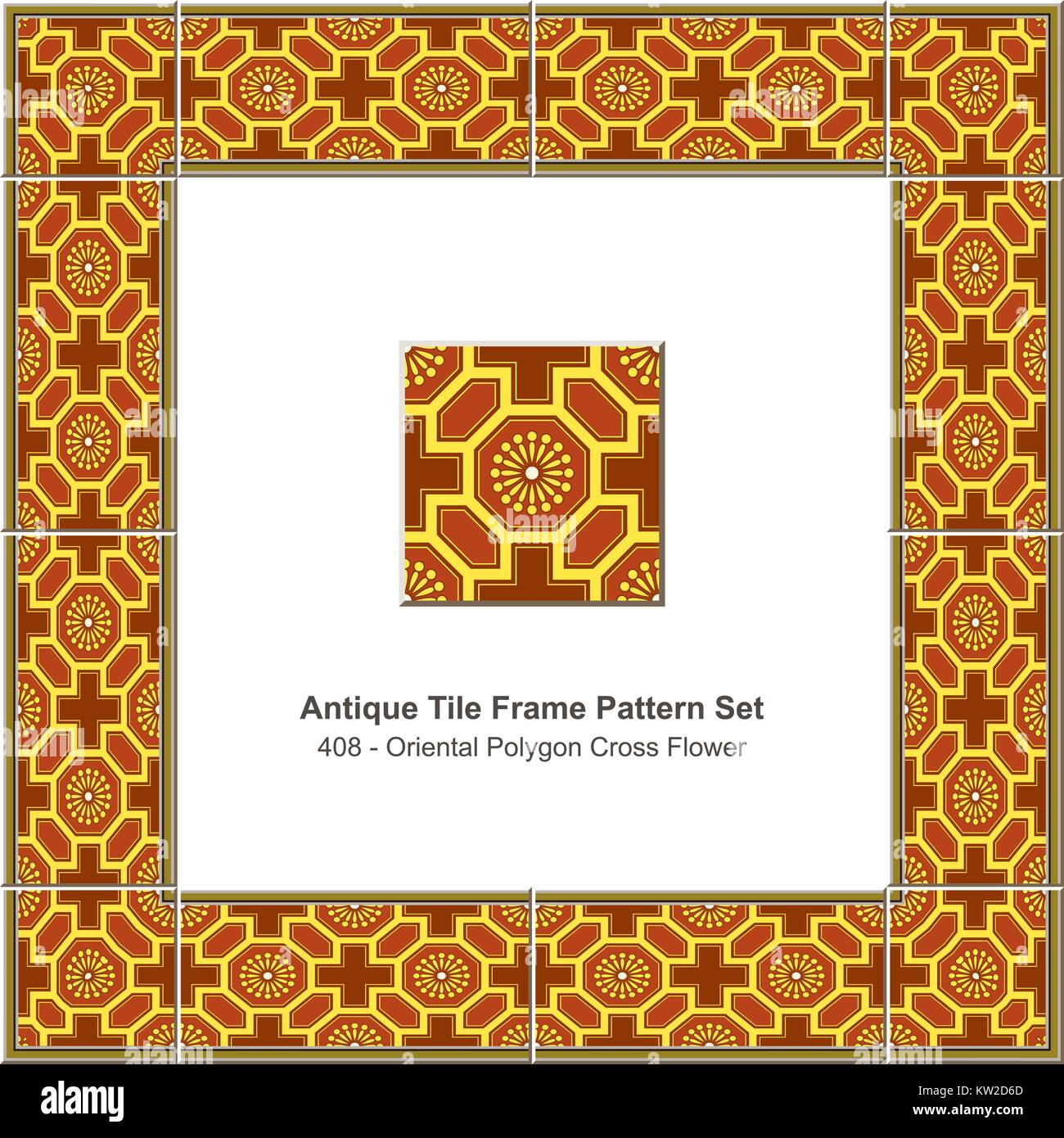 Antique tile frame pattern set Oriental Polygon Cross Flower Stock ...