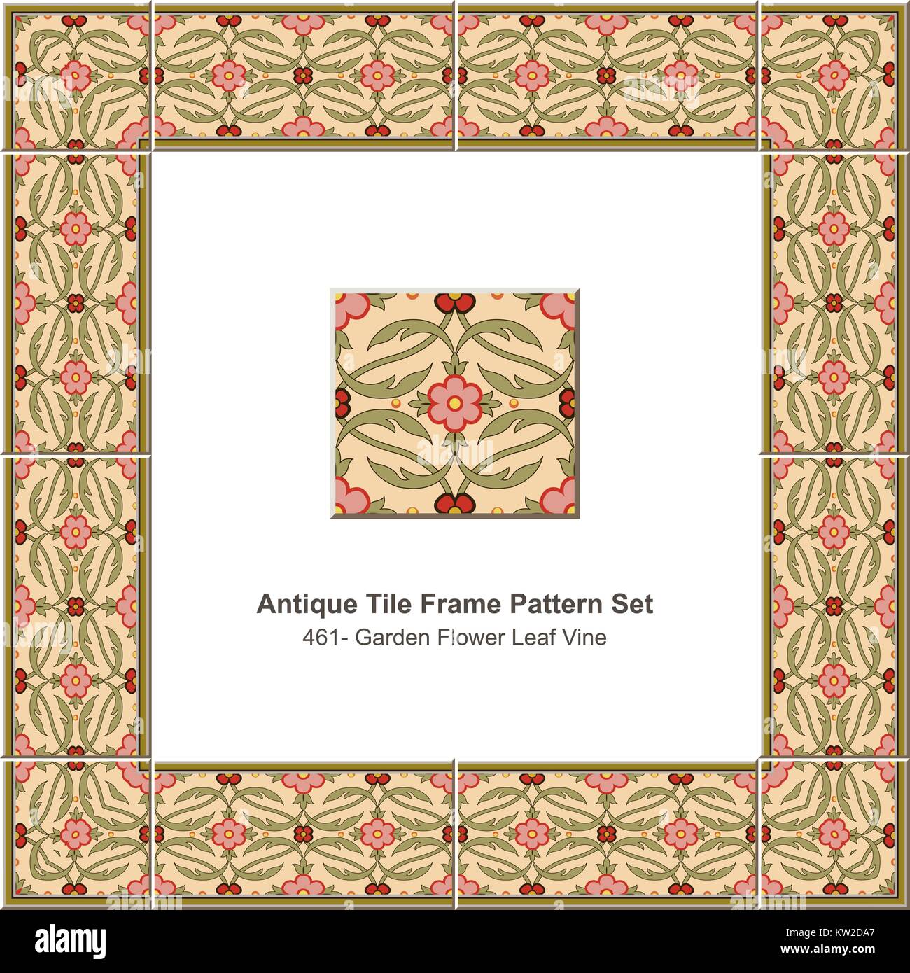 Antique tile frame pattern set Botanic Garden Pink Flower Leaf Vine ...