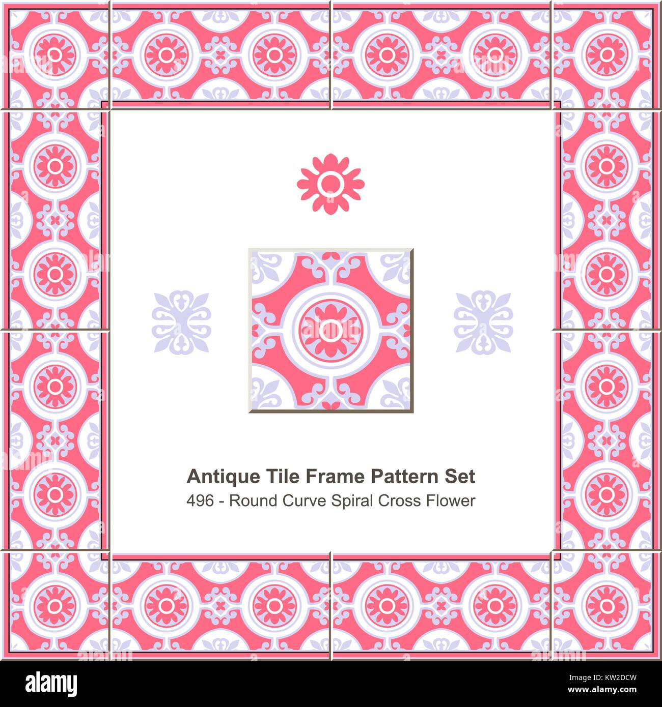 Antique tile frame pattern set Round Curve Spiral Cross Flower Stock ...