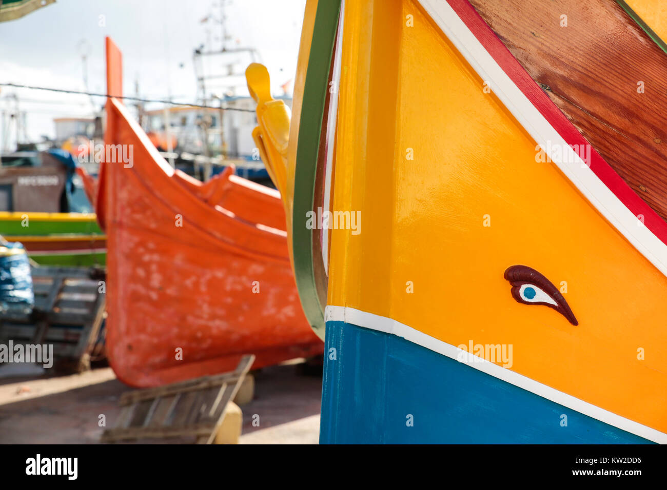 Luzzu, typical Malta boat decorated with the eye of Horus Stock Photo ...