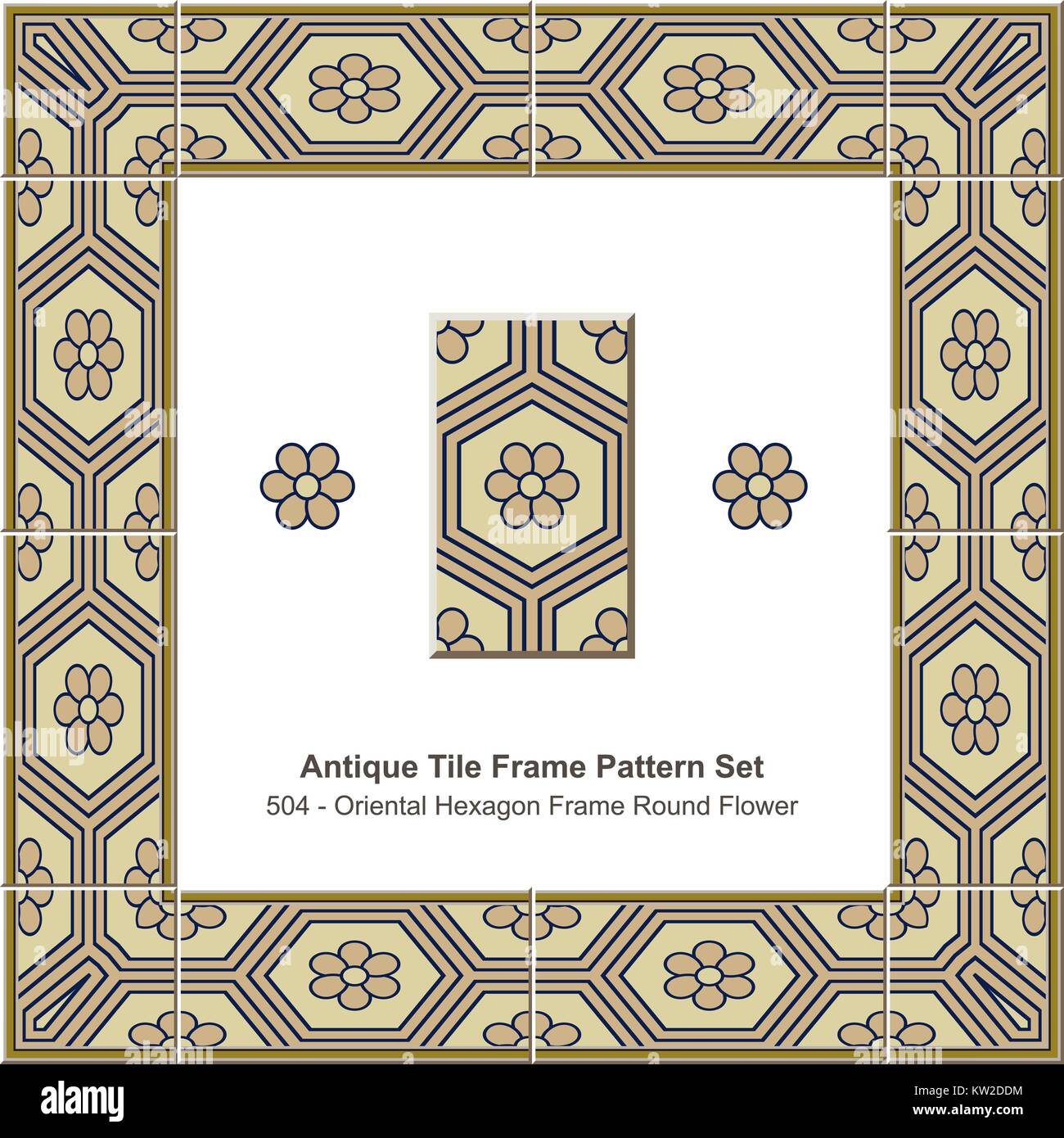 Antique tile frame pattern set Oriental Hexagon Frame Round Flower ...