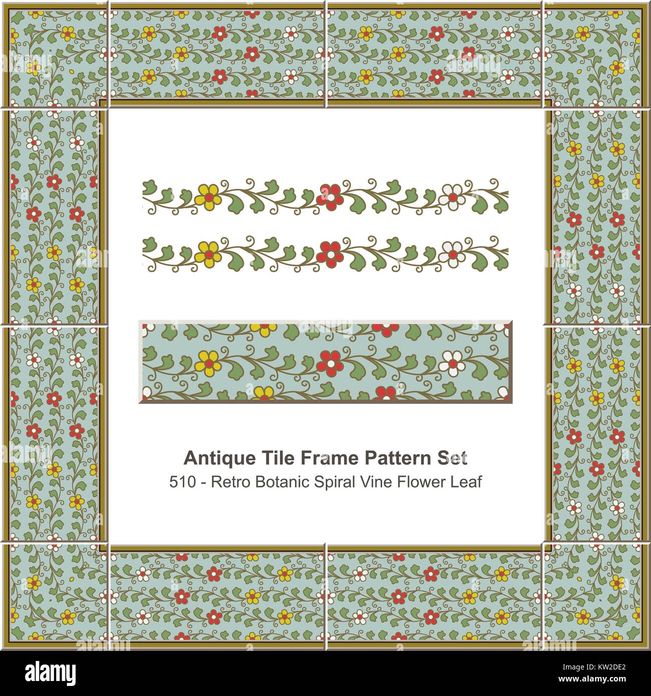 Antique tile frame pattern set Retro Botanic Spiral Vine Flower Leaf ...