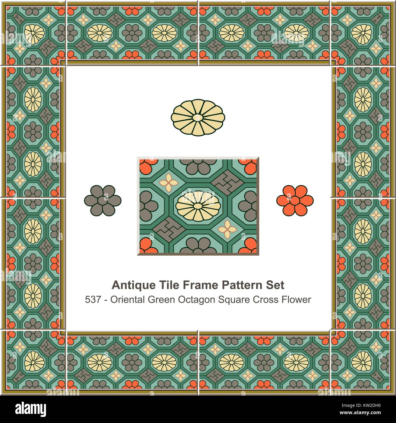 Antique tile frame pattern set Oriental Green Octagon Square Cross ...