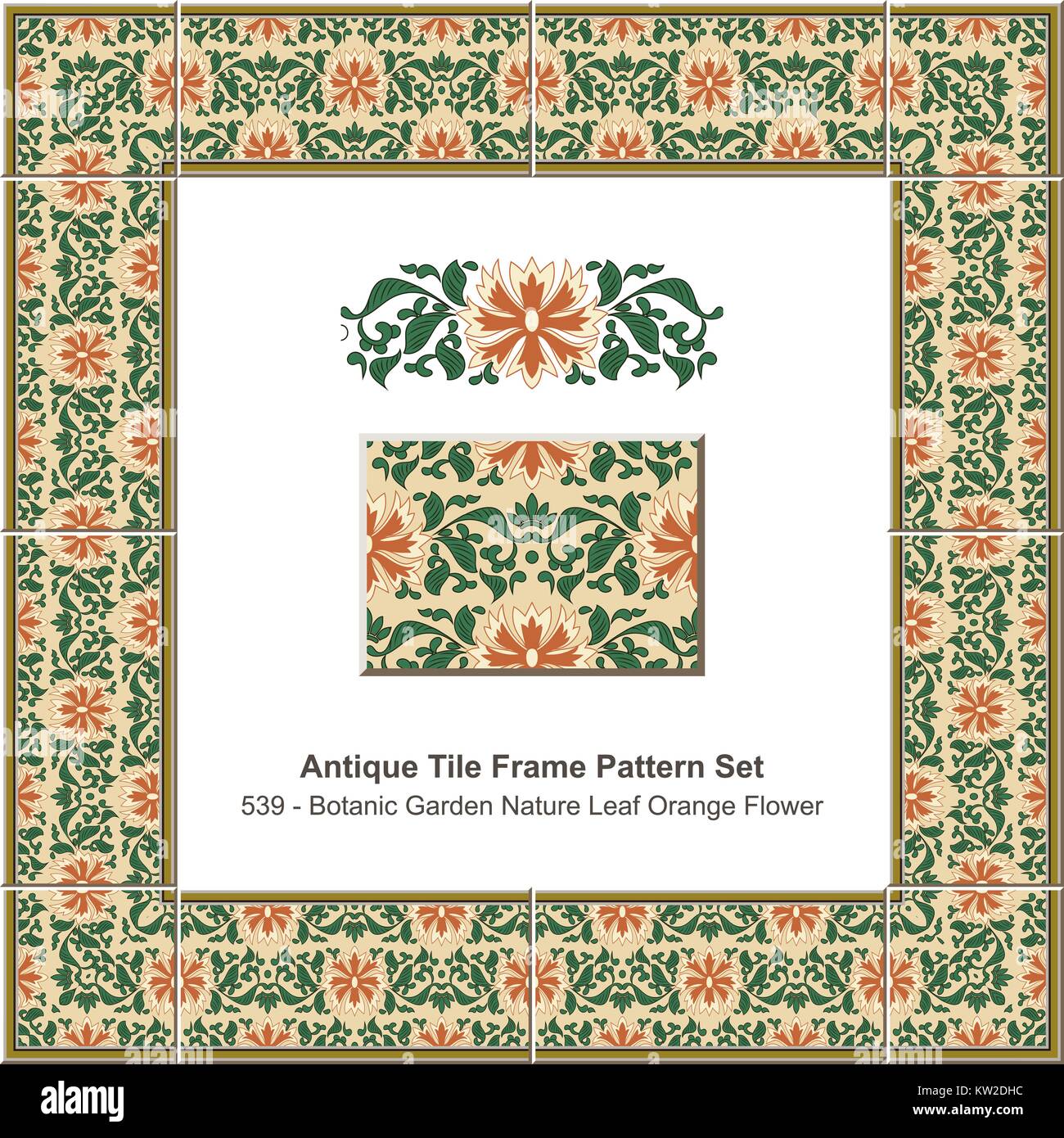 Antique tile frame pattern set Botanic Garden Nature Leaf Orange Flower ...