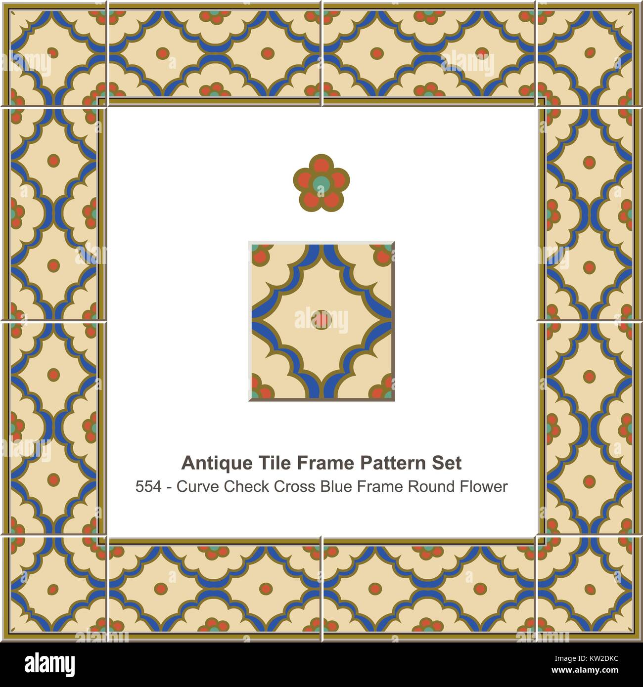Antique tile frame pattern set Curve Check Cross Blue Frame Round ...