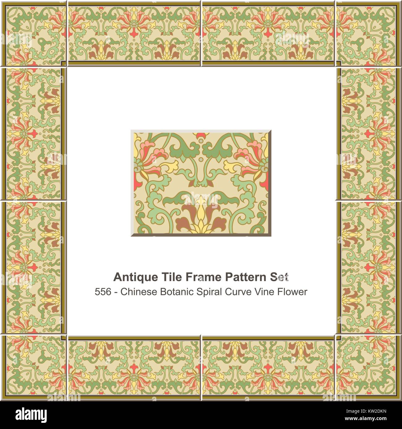 Antique tile frame pattern set Chinese Botanic Spiral Curve Vine Flower ...