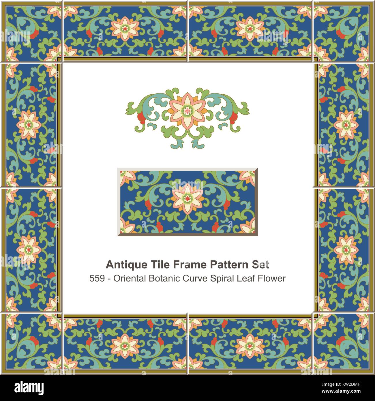Antique tile frame pattern set Oriental Botanic Curve Spiral Leaf ...