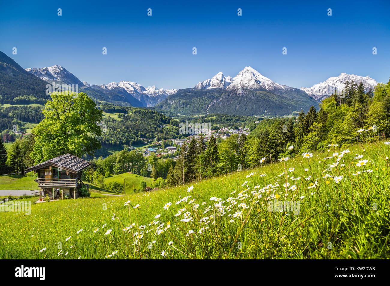 Beautiful mountain landscape in the Bavarian Alps with village of ...