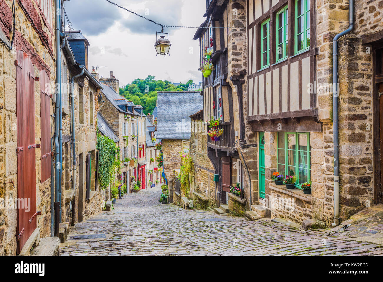 Beautiful view of scenic narrow alley with historic traditional houses ...