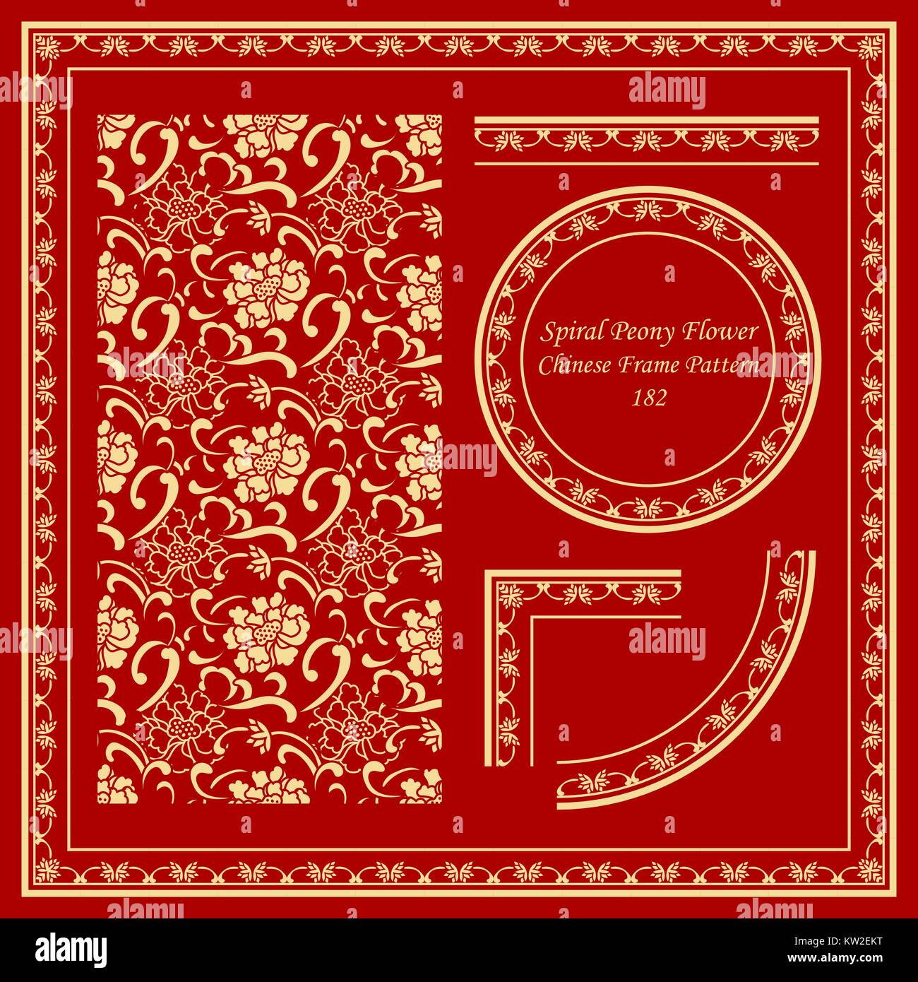 Vintage Chinese Frame Pattern Set Spiral Curve Peony Flower Stock ...