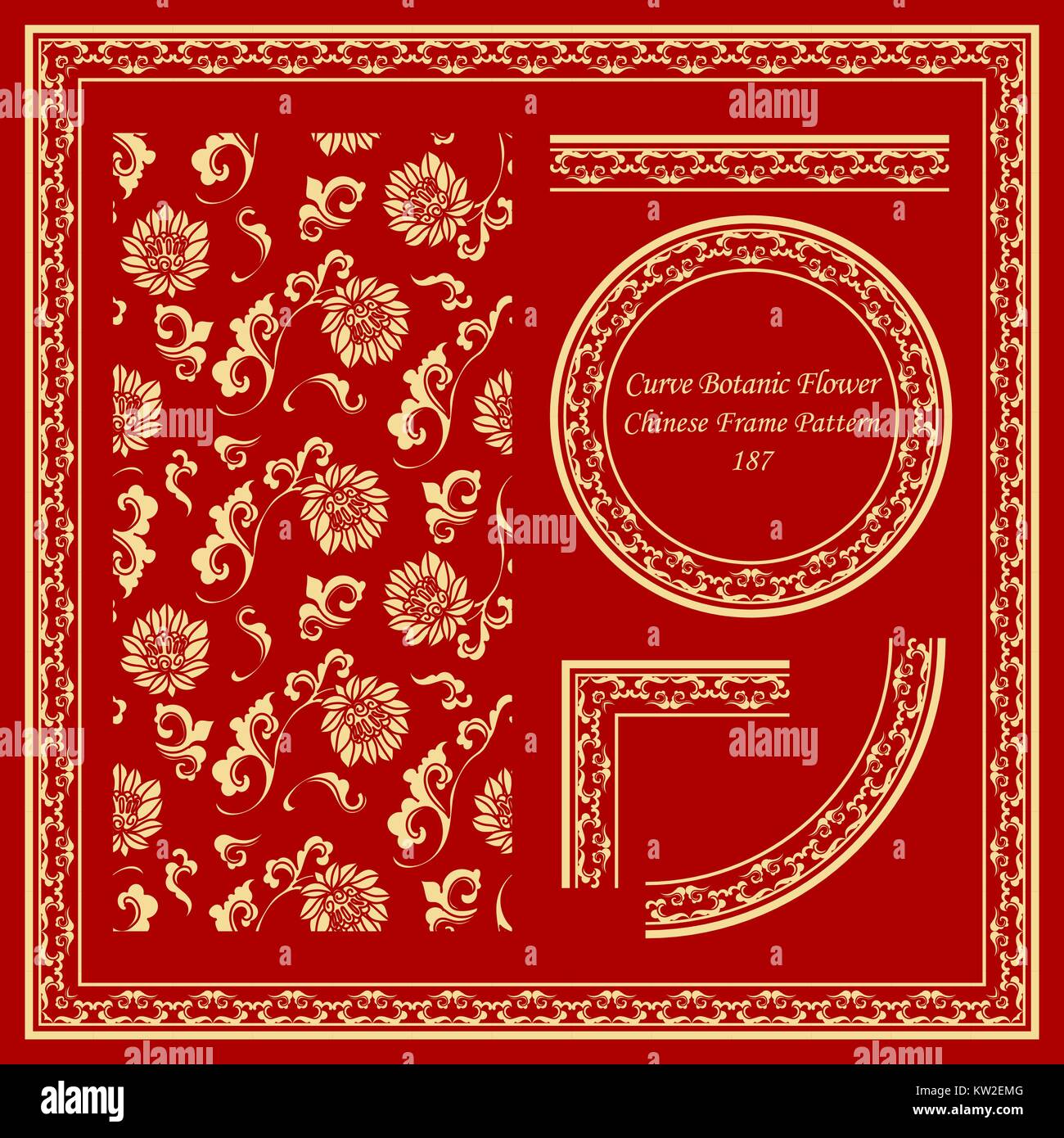 Vintage Chinese Frame Pattern Set Curve Spiral Botanic Flower Stock ...