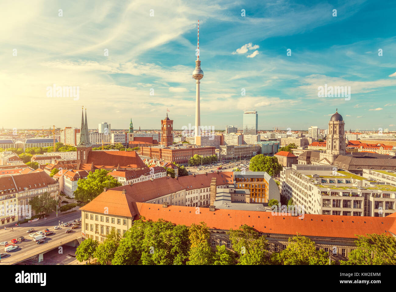 Aerial view of Berlin skyline with famous TV tower and Spree river on a ...