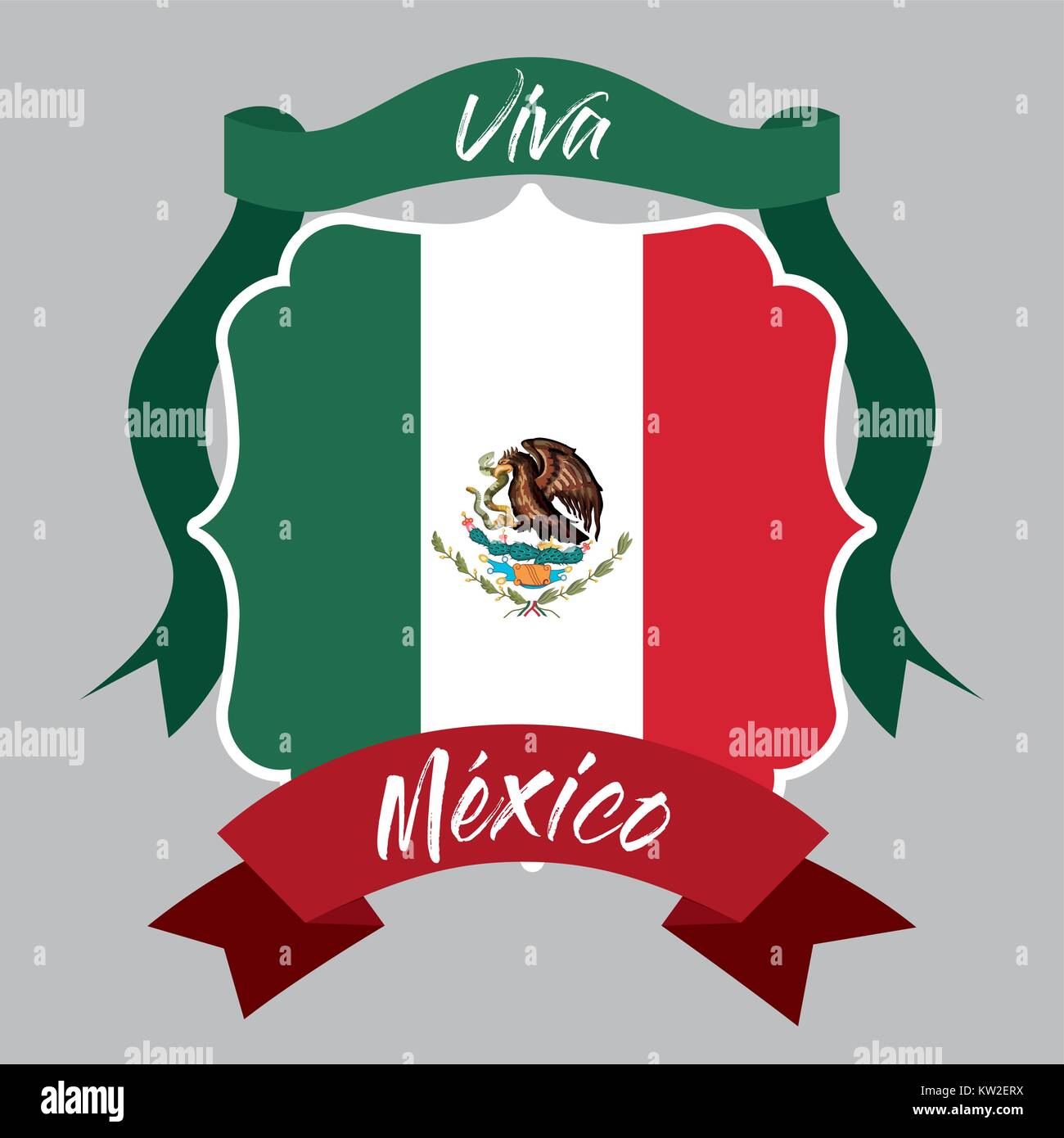 viva mexico insignia flag with decorative ribbon in colorful silhouette ...