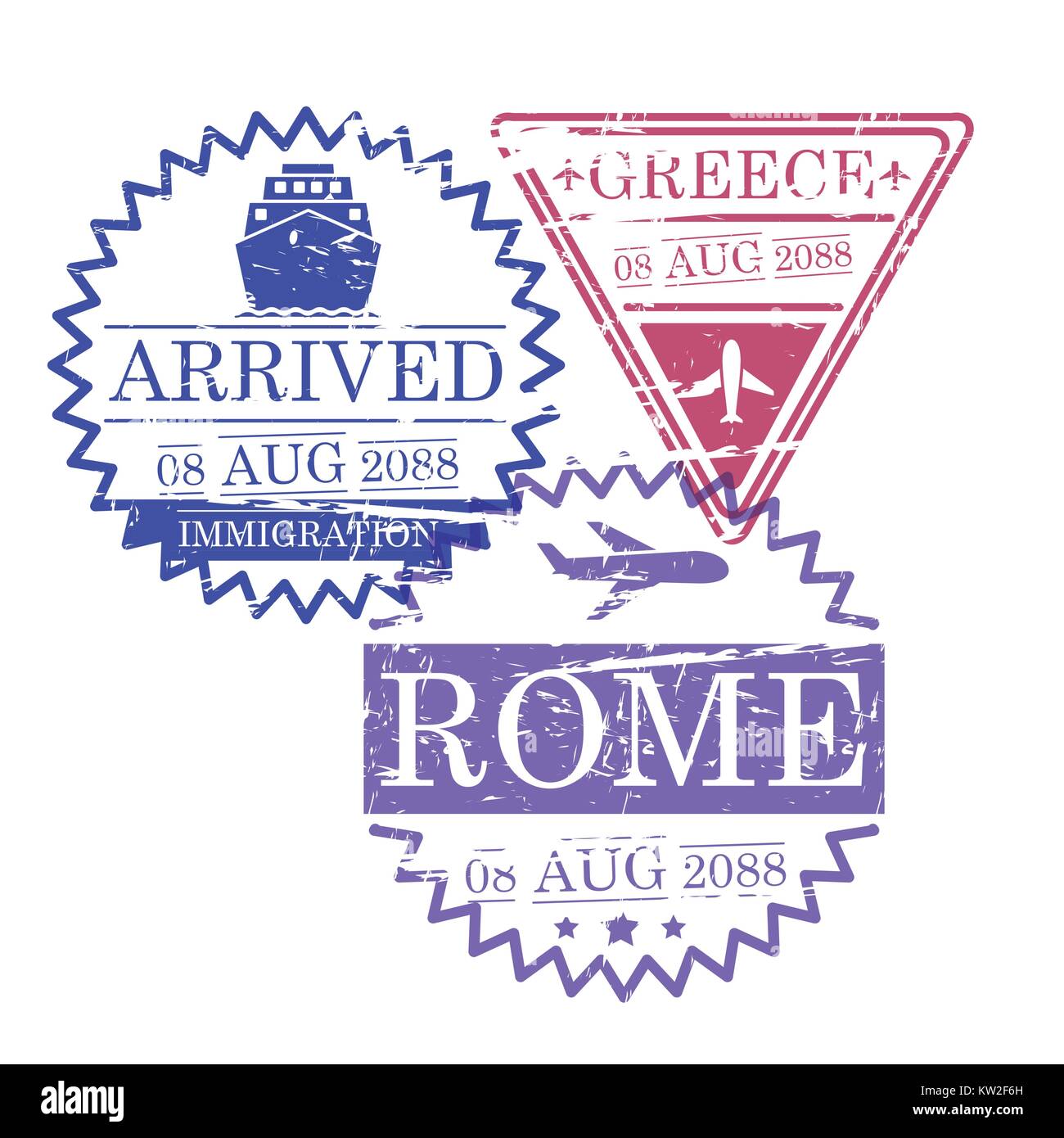 ship and airplane travel stamps of greece and rome in colorful ...