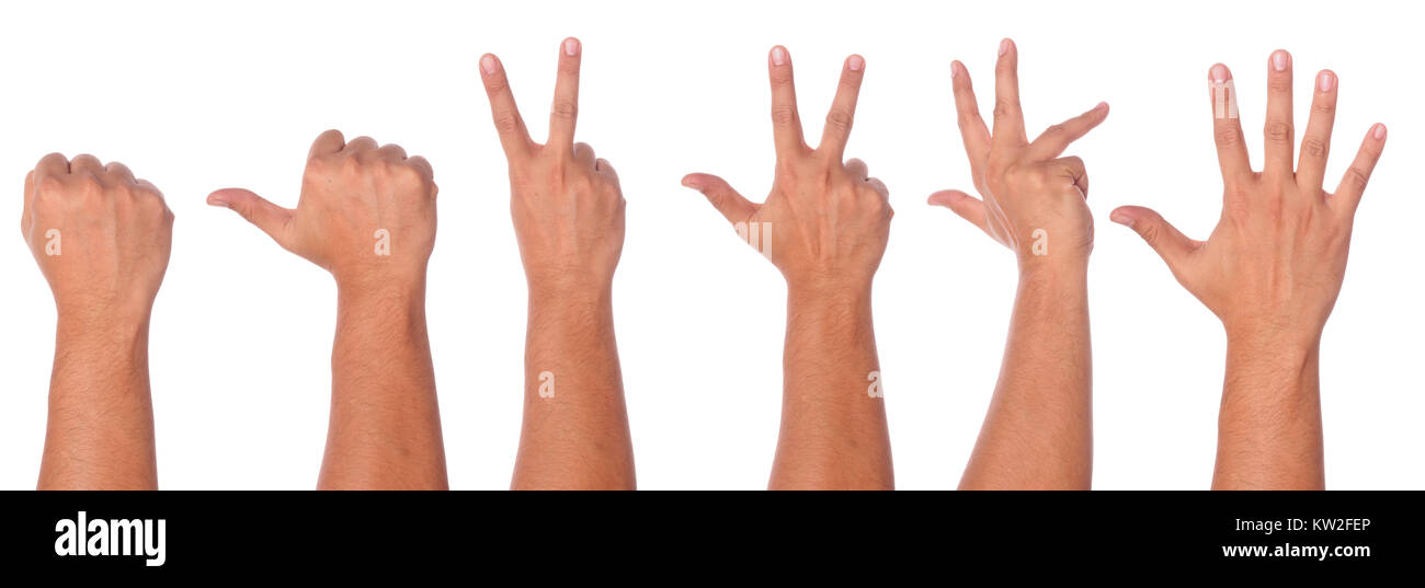 Male hand gesture and sign collection isolated on white background with ...