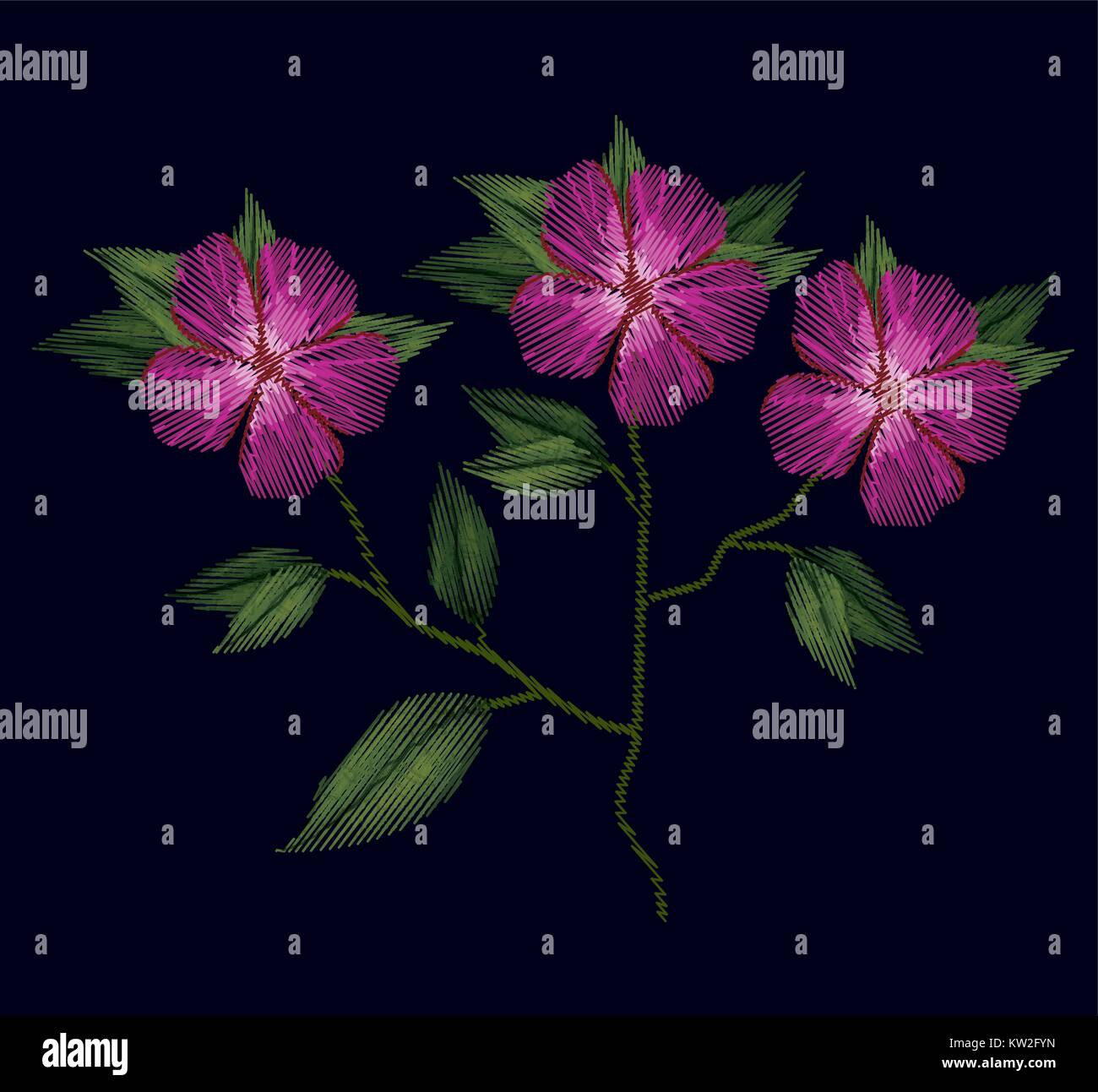 colorful azalea flowers plant set embroidery in black background Stock ...
