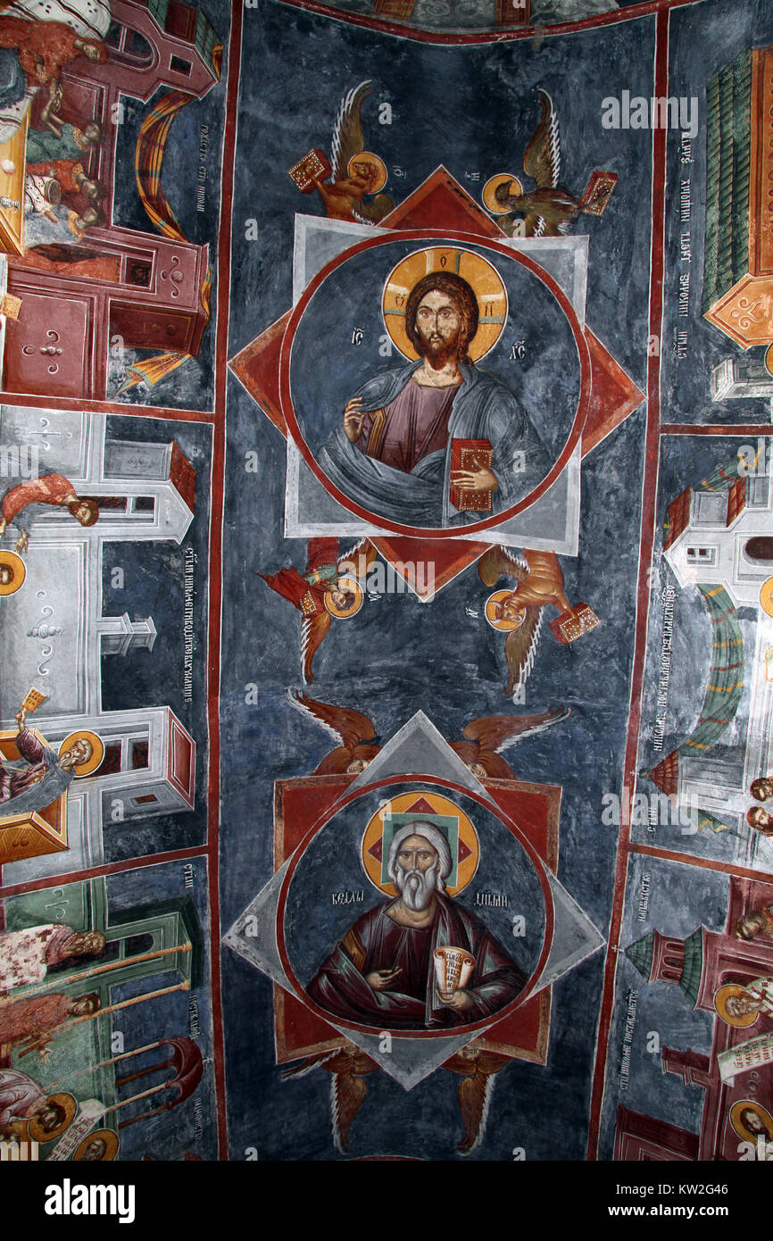 Pictures on the wall of church in monastery Moracha, Montenegro Stock ...