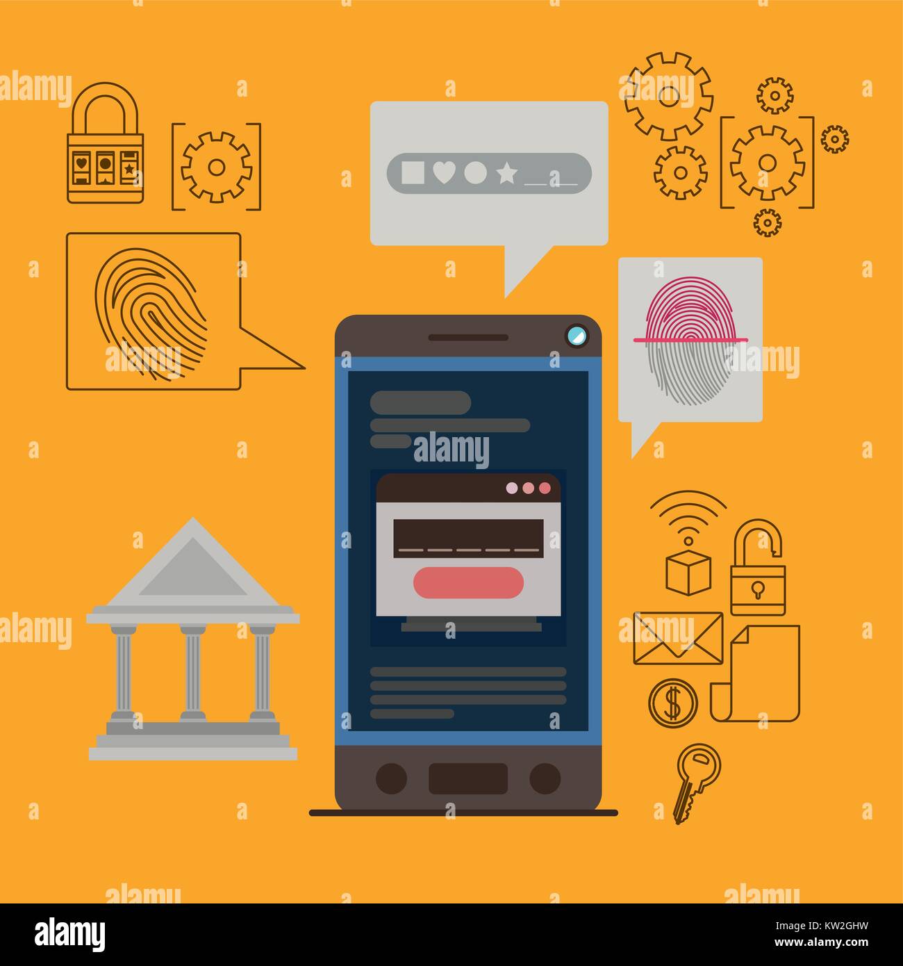 mobile security with smartphone and secure apps in yellow color ...