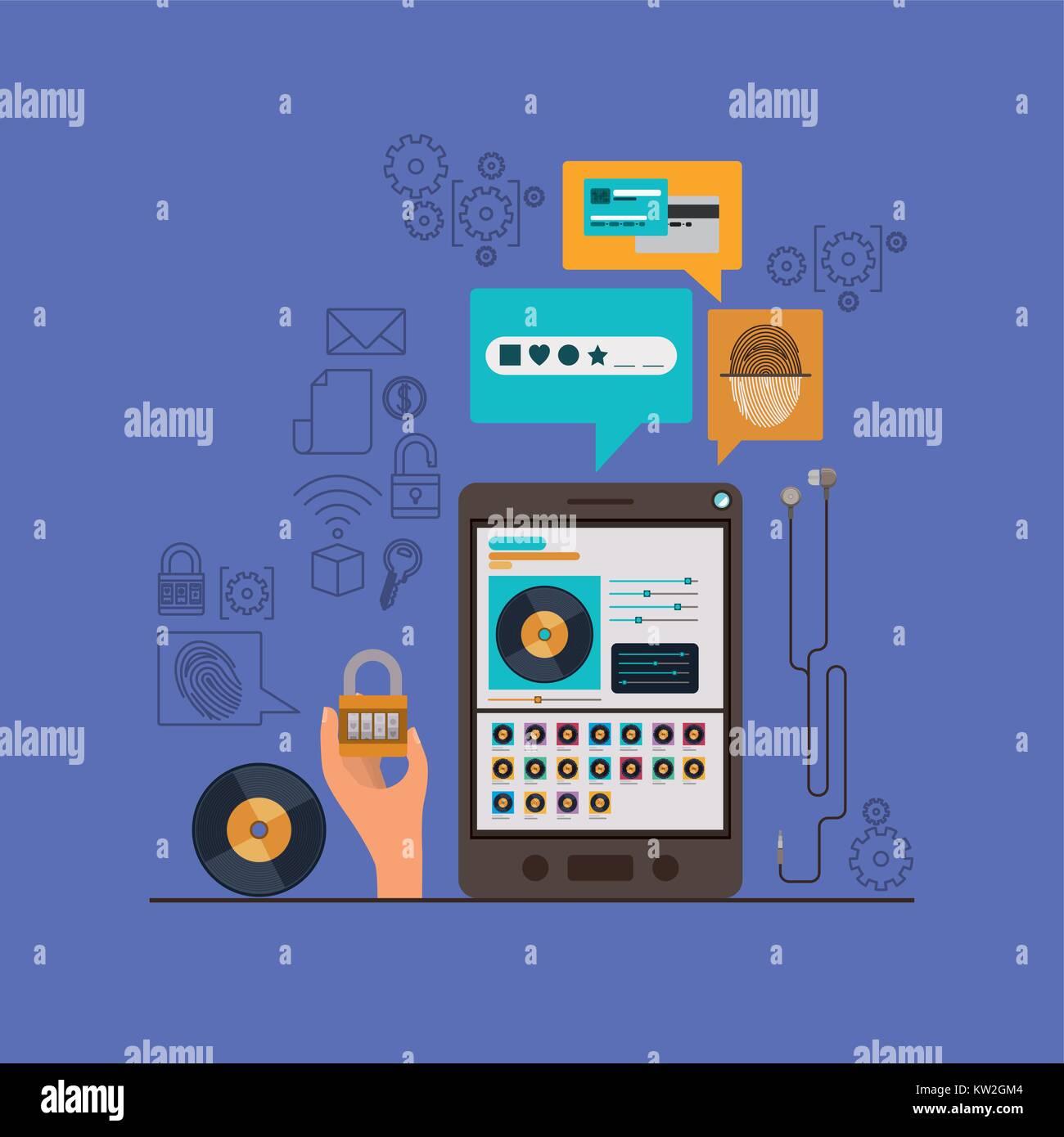 mobile security with tablet device and secure apps in violet color ...
