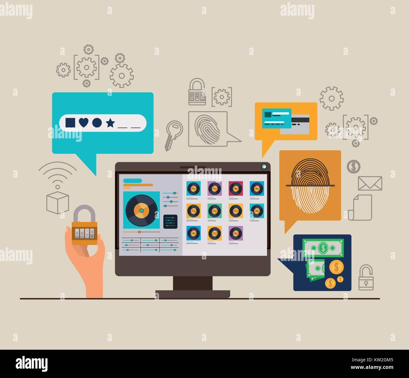 mobile security with desktop computer and secure apps in white smoke ...