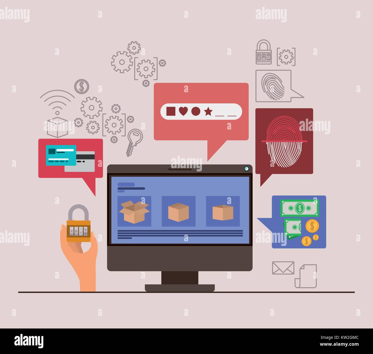 mobile security with desktop computer and secure apps in sea shell ...
