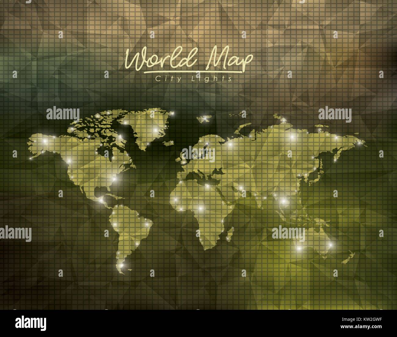 world map city lights in green polygon shape background Stock Vector ...